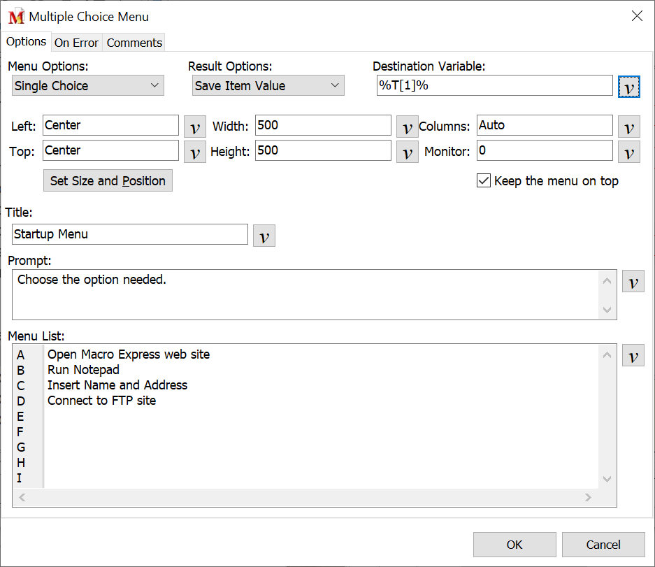 Multiple Choice Menu